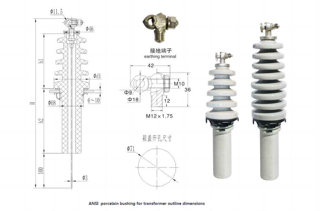 18kv 25a High Voltage Ansi Primary Transformer Bushing Ceramic